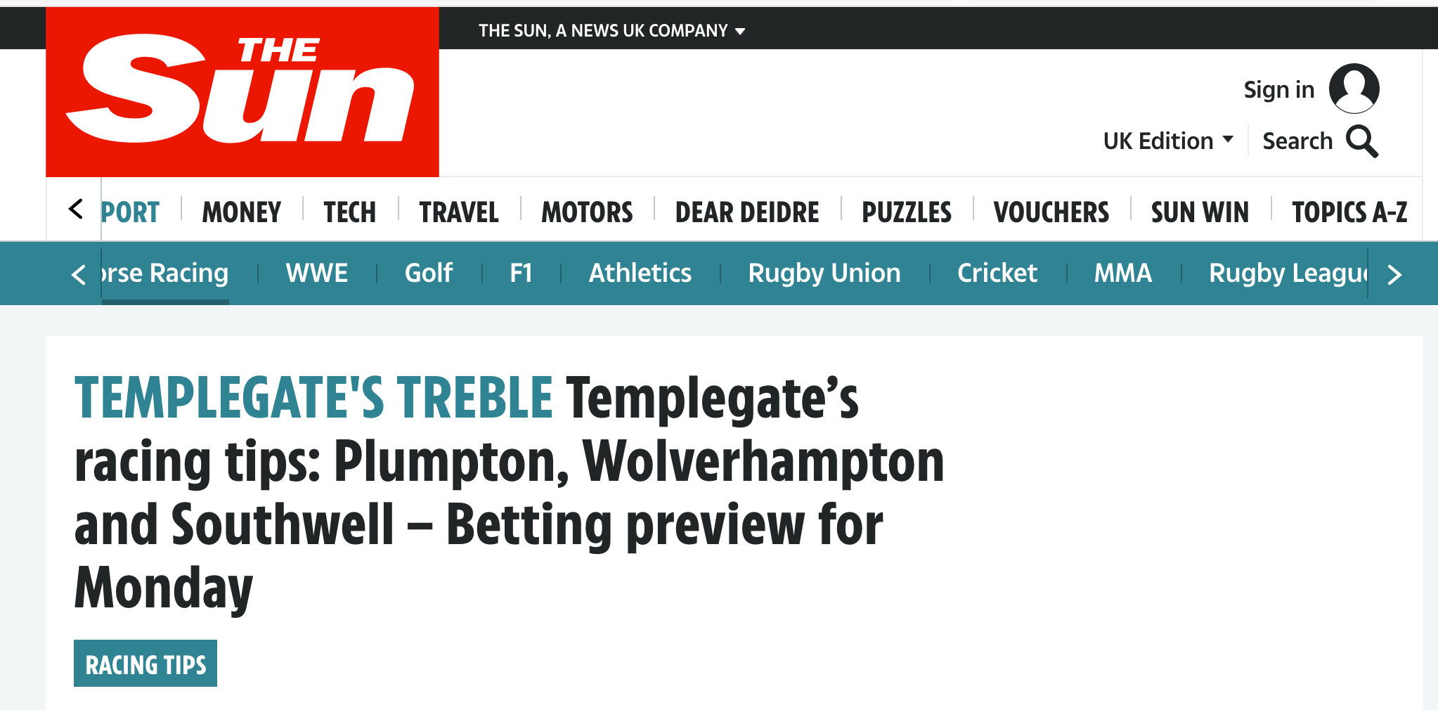 Templegate Racing Tips Review (Sun Newspaper) - Mike Cruickshank